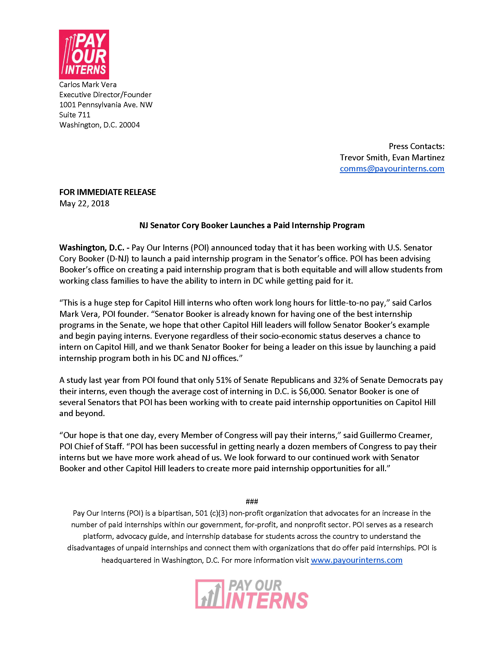 NJ Senator Cory Booker Launches a Paid Internship Program | Pay Our Interns