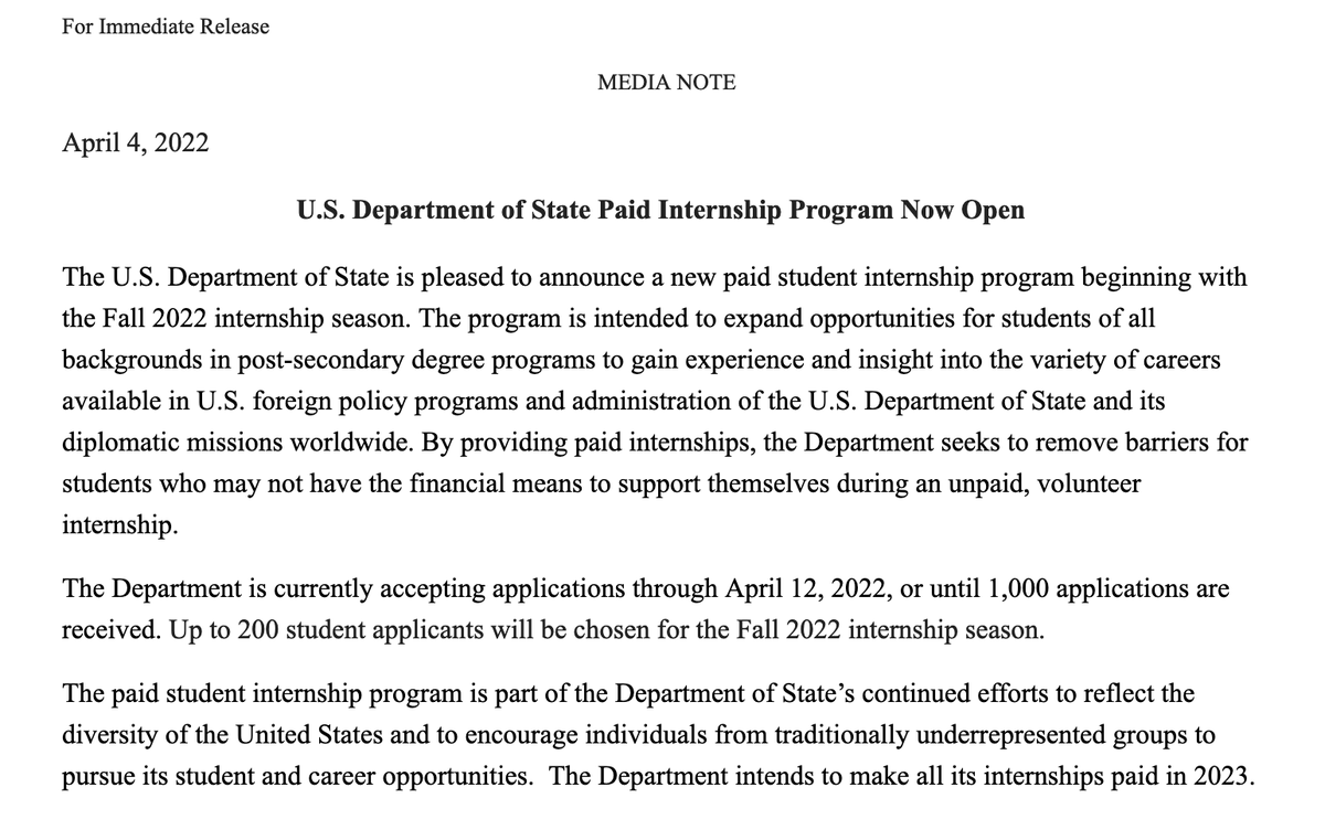 State Department announces paid internship application window: | Pay ...